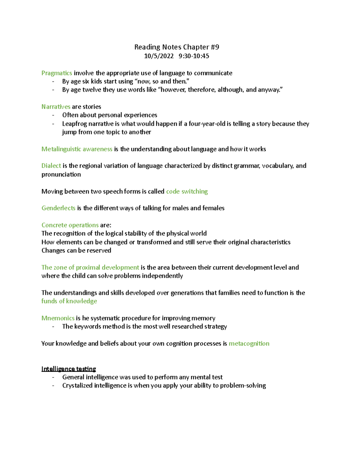 Reading Notes Chapter 9 - Reading Notes Chapter 10/5/2022 9:30-10 ...