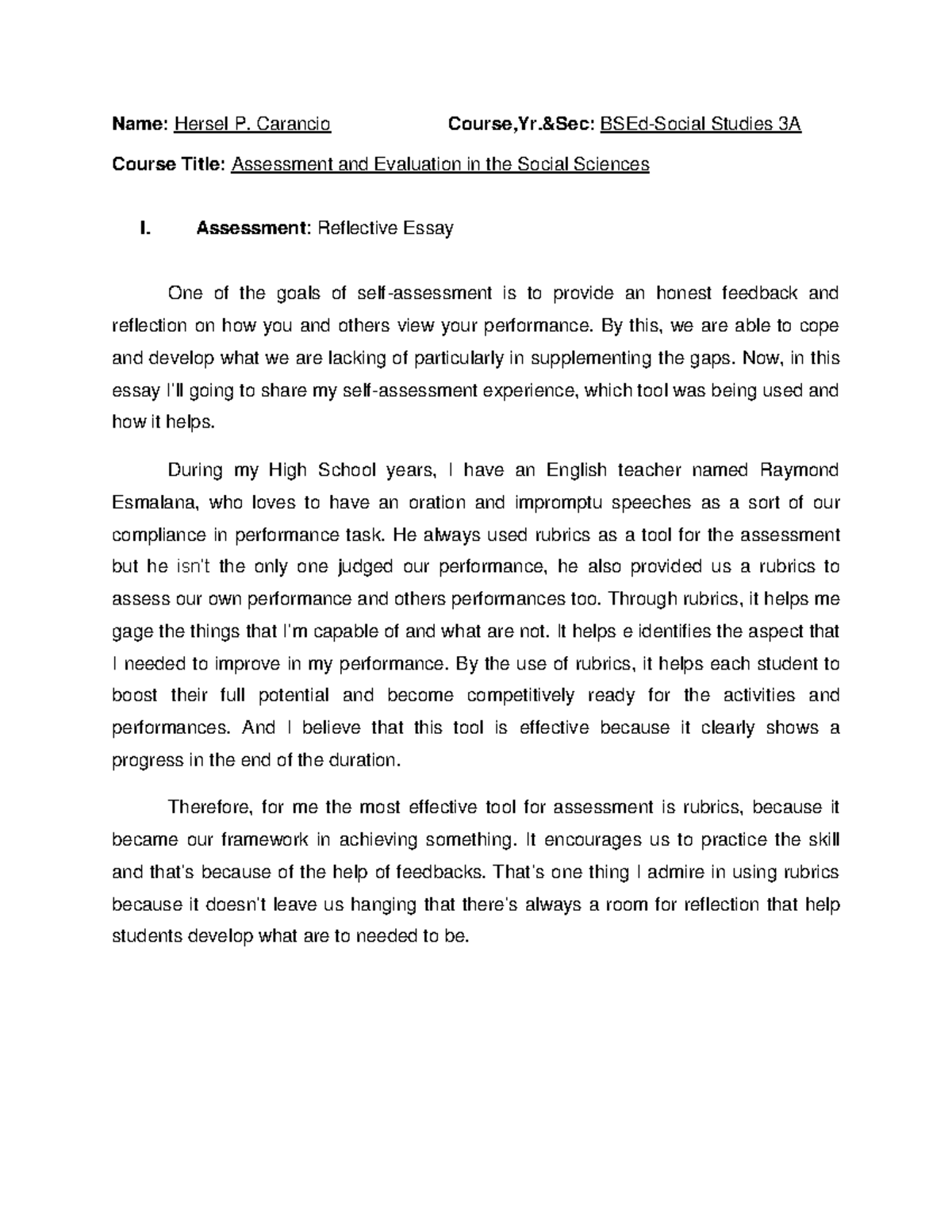 Reflective Essay - Name: Hersel P. Carancio Course,Yr.&Sec: BSEd-Social ...