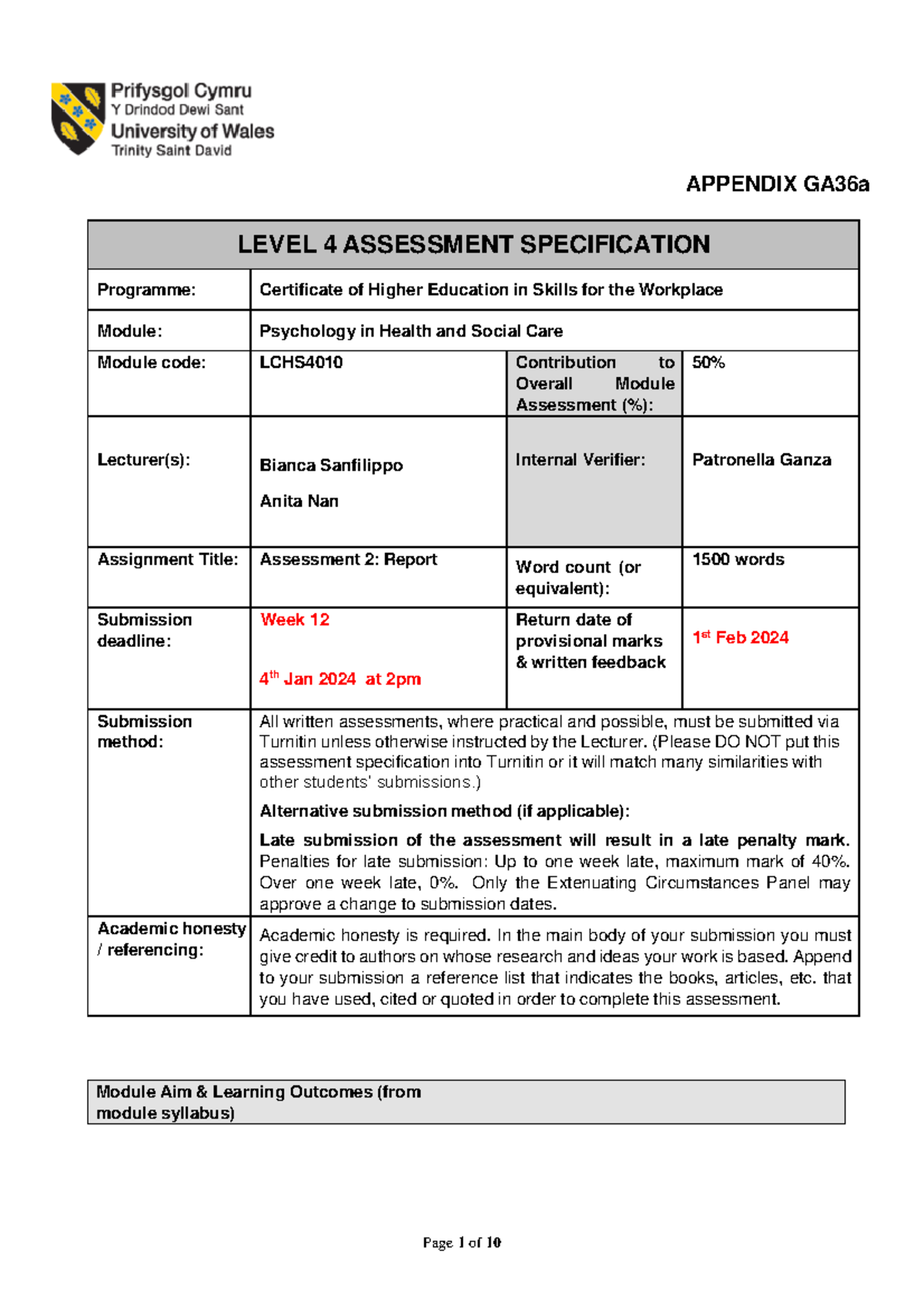 LCHS4010- PSY A2 - assignment - ####### Page 1 of 10 APPENDIX GA36a ...