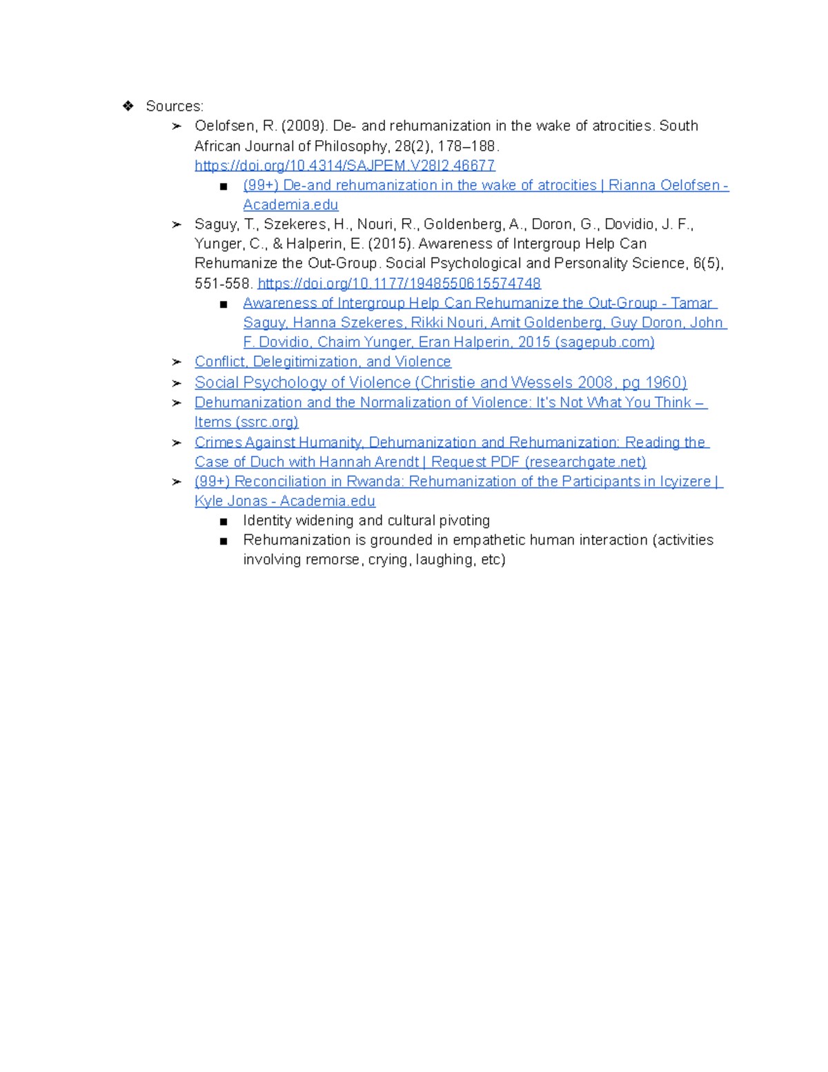 Finding sources for the subject of Rehumanization - Sources: Oelofsen ...