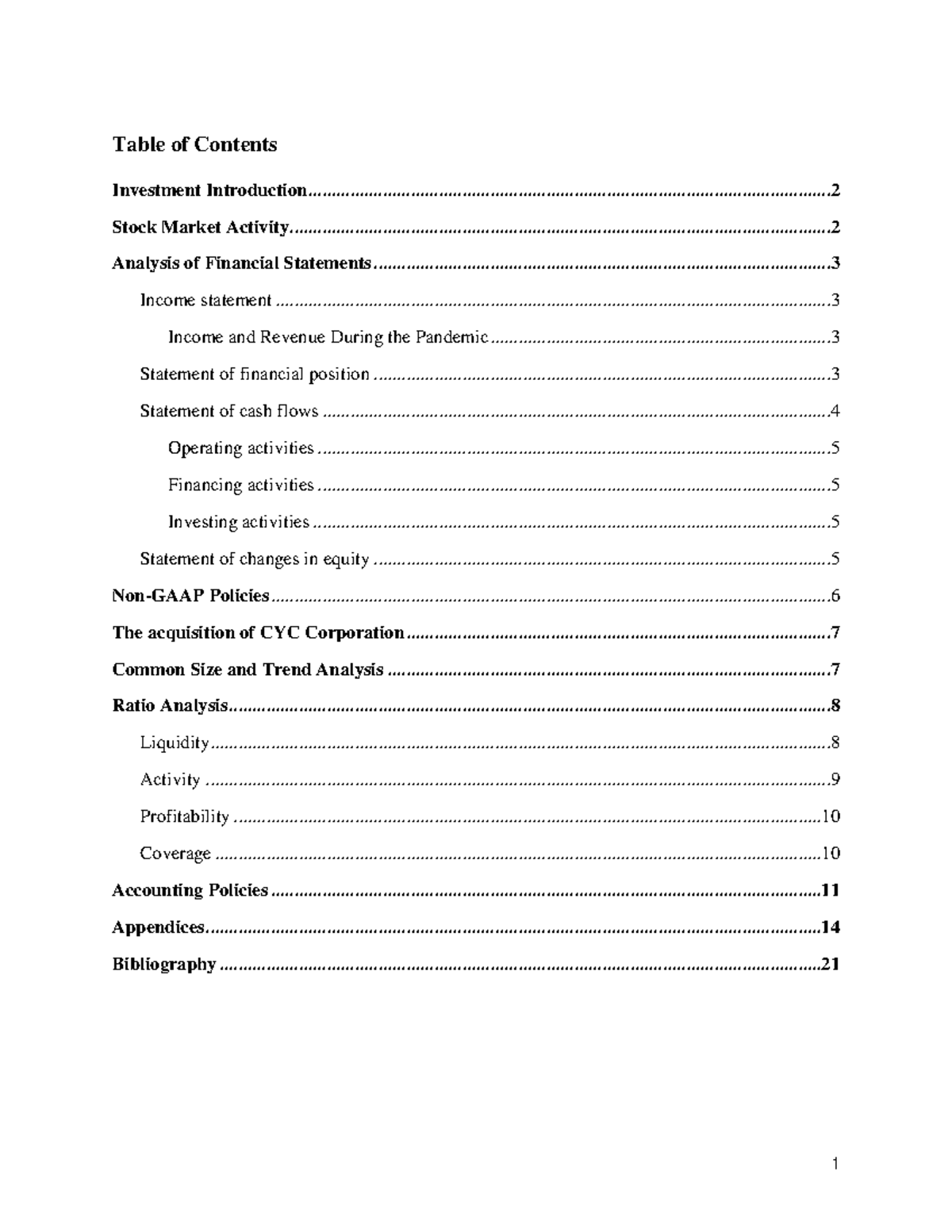 Group Project for term - Table of Contents Investment Introduction ...