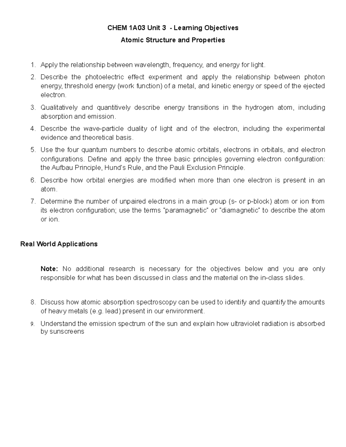 Unit 3 - Atomic Structure Learning Objectives 2020 final - CHEM 1A03 ...