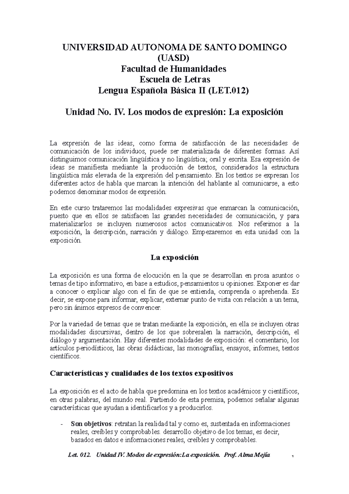 Unidad IV. Modos DE Expresion. LA Exposicion - UNIVERSIDAD AUTONOMA DE ...