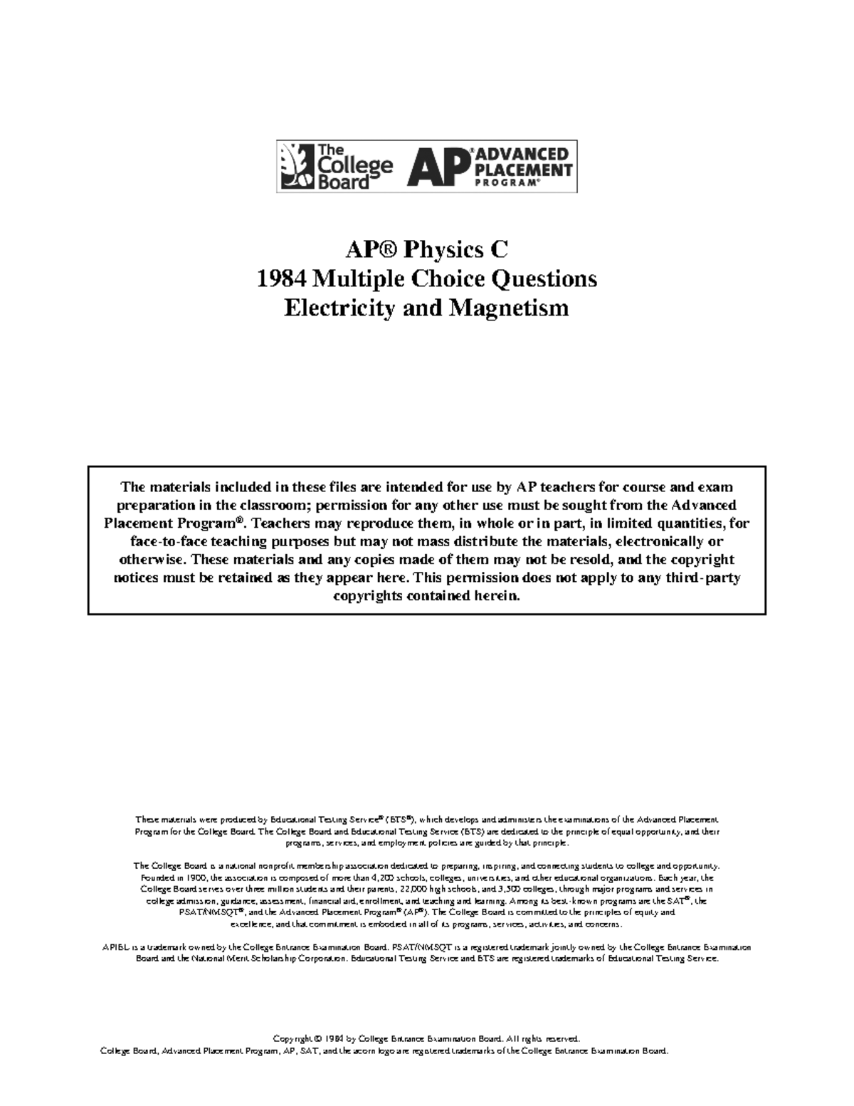 AP Phys C E&M 1984 - practice exam 1984 - Copyright © 1984 by College ...
