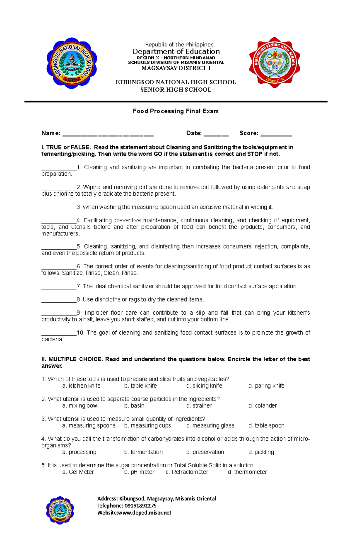 Food Processing Final Exam - Republic of the Philippines Department of ...