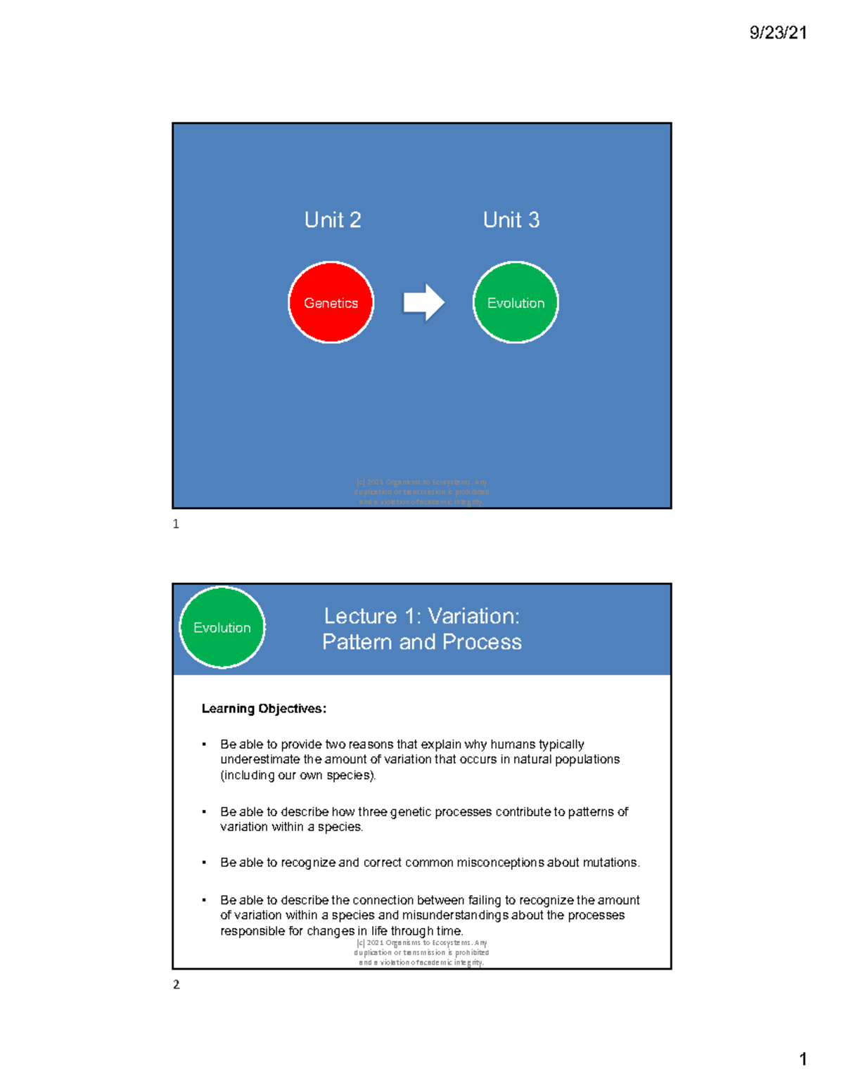 1. Sp23 Unit 3 Lecture 1 - biol slides - Genetics Unit 2 Unit 3 Evolution (c) 2021 Organisms to ...