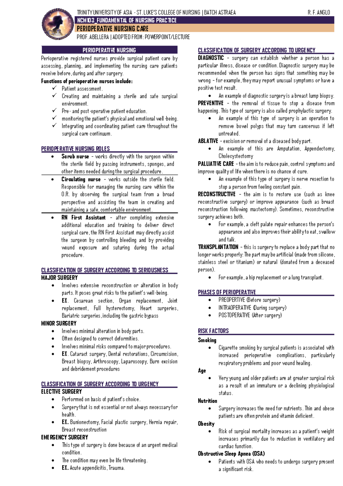 FNP CARE OF Surgical Patient - TRINITY UNIVERSITY OF ASIA - ST. LUKE’S ...