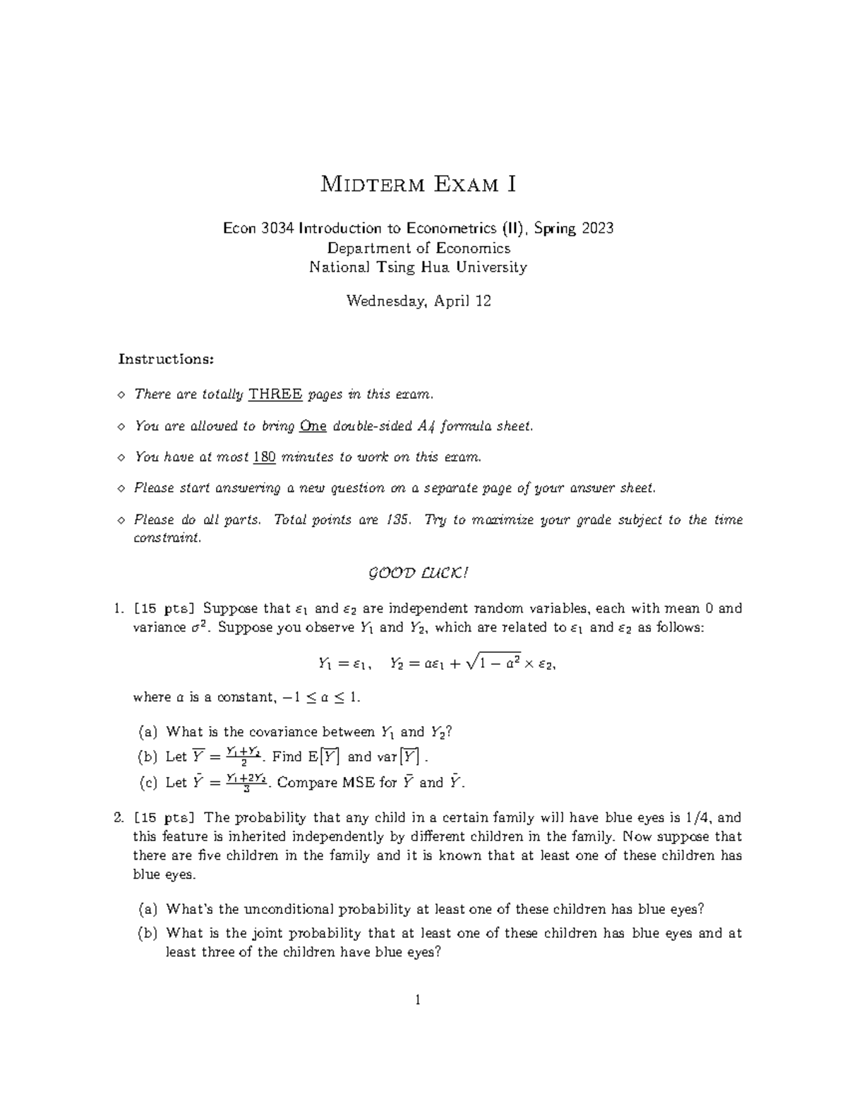 Sample exam1 - Midterm Exam I Econ 3034 Introduction to Econometrics (II), Spring 2023 ...
