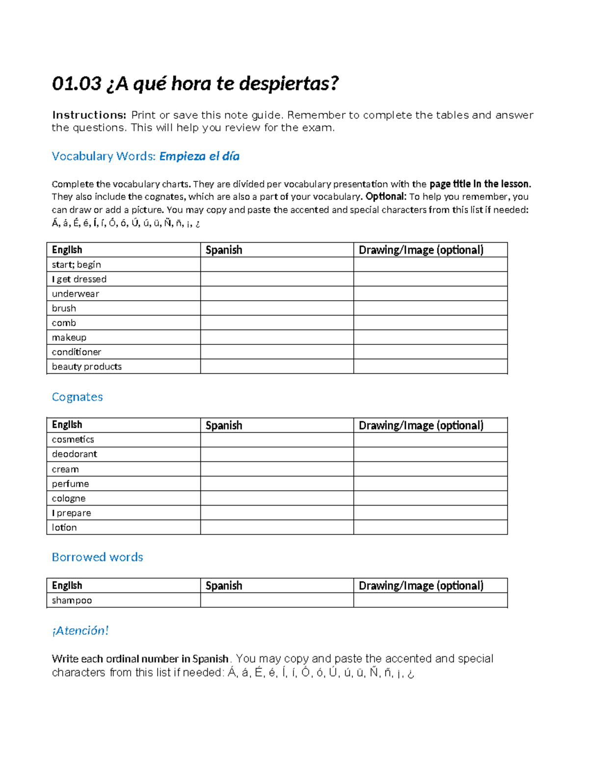 01 03 notes - use - 01 ¿A qué hora te despiertas? Instructions: Print ...