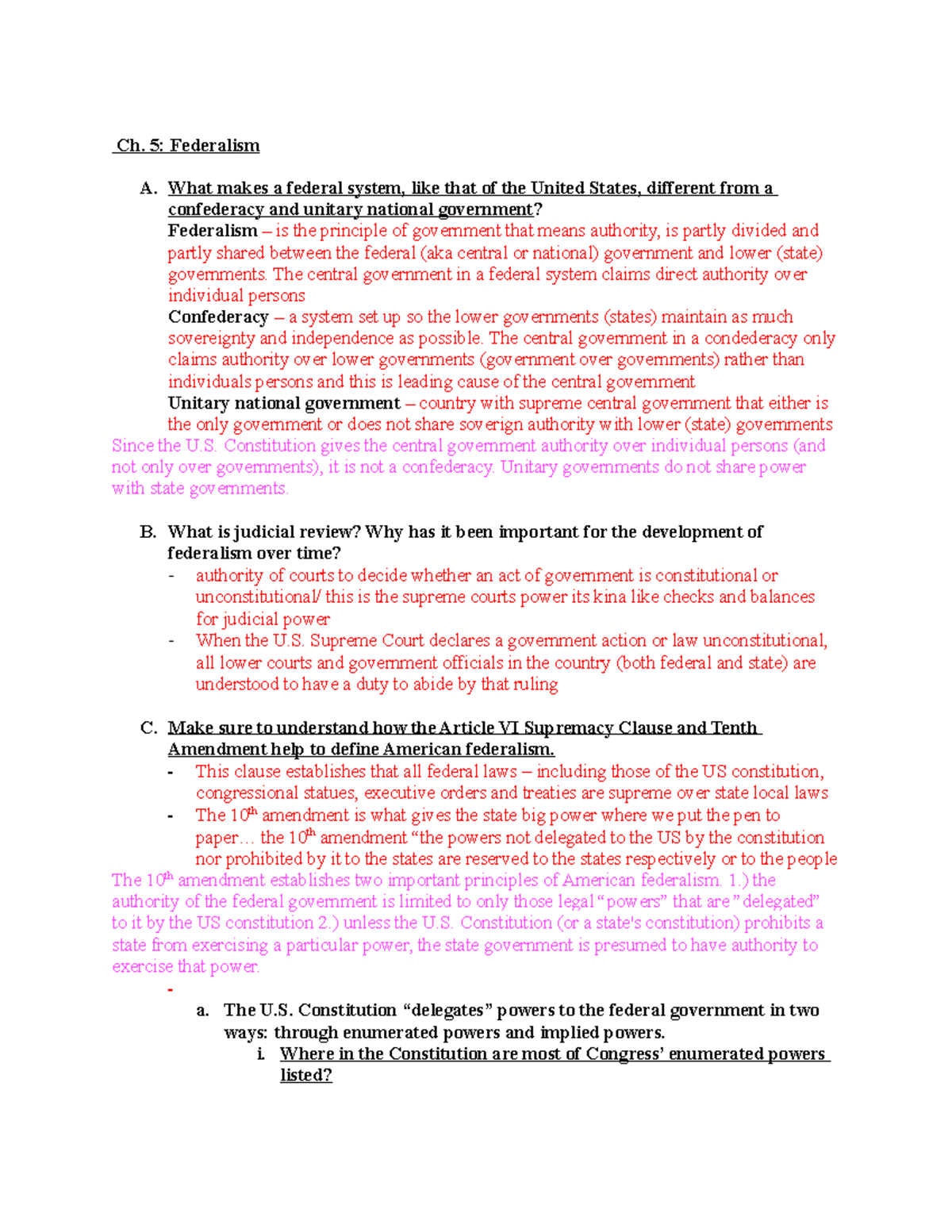 Part 1 study guide gov - Ch. 5: Federalism A. What makes a federal ...