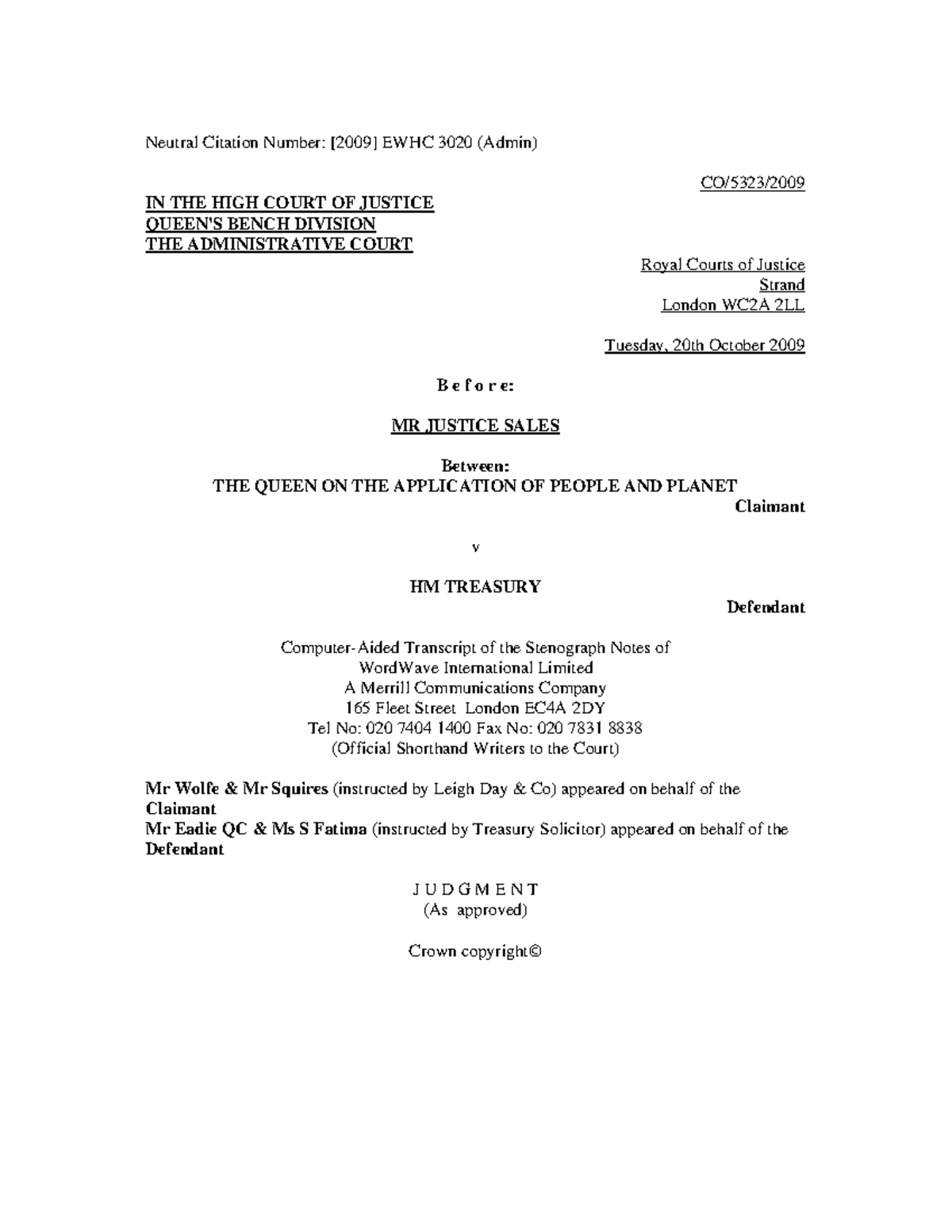 People and Planet v HM Treasury 2009 - Neutral Citation Number: [2009 ...