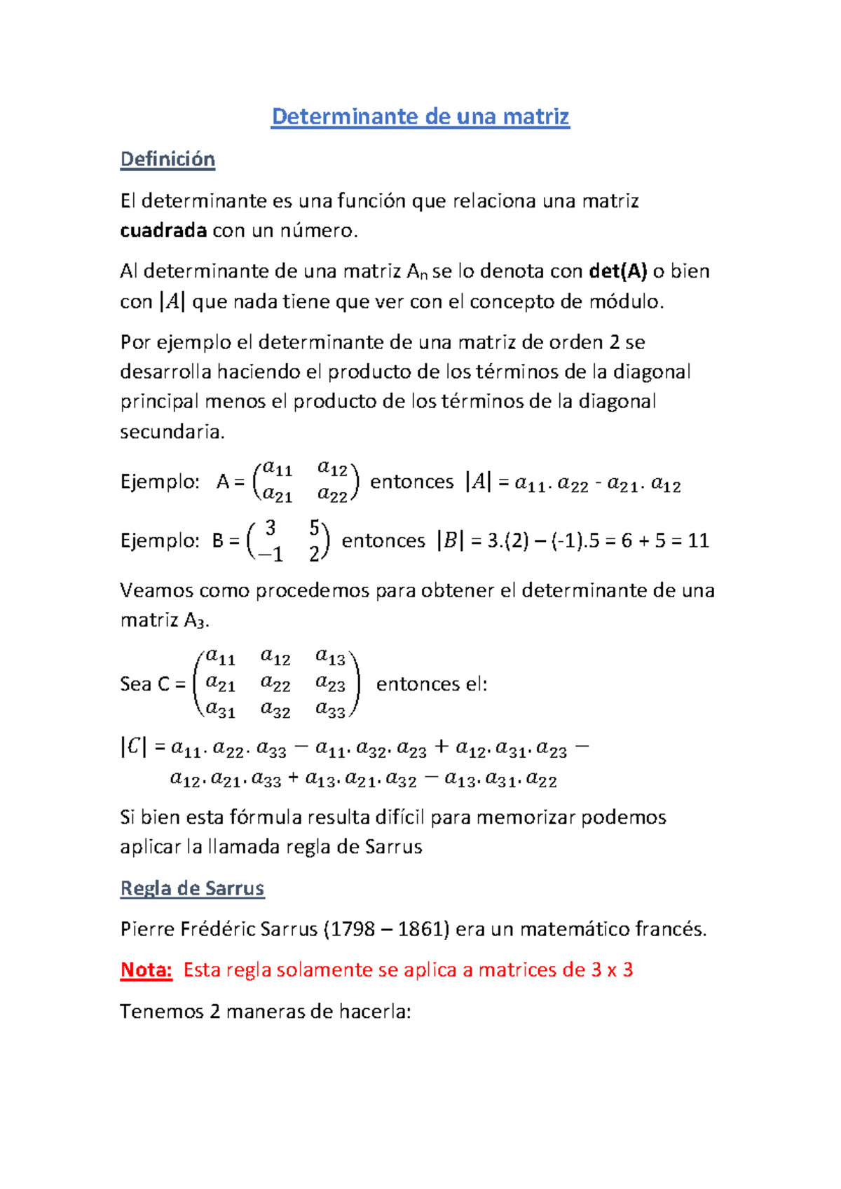 Determinante de una matriz para Licenciatura - Determinante de una ...