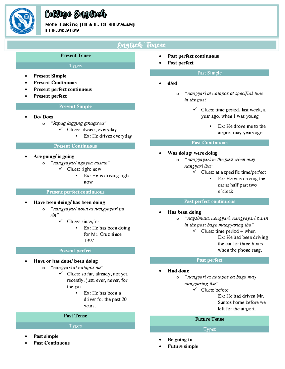 College English note taking - Note Taking (DEA E. DE GUZMAN) FEB ...
