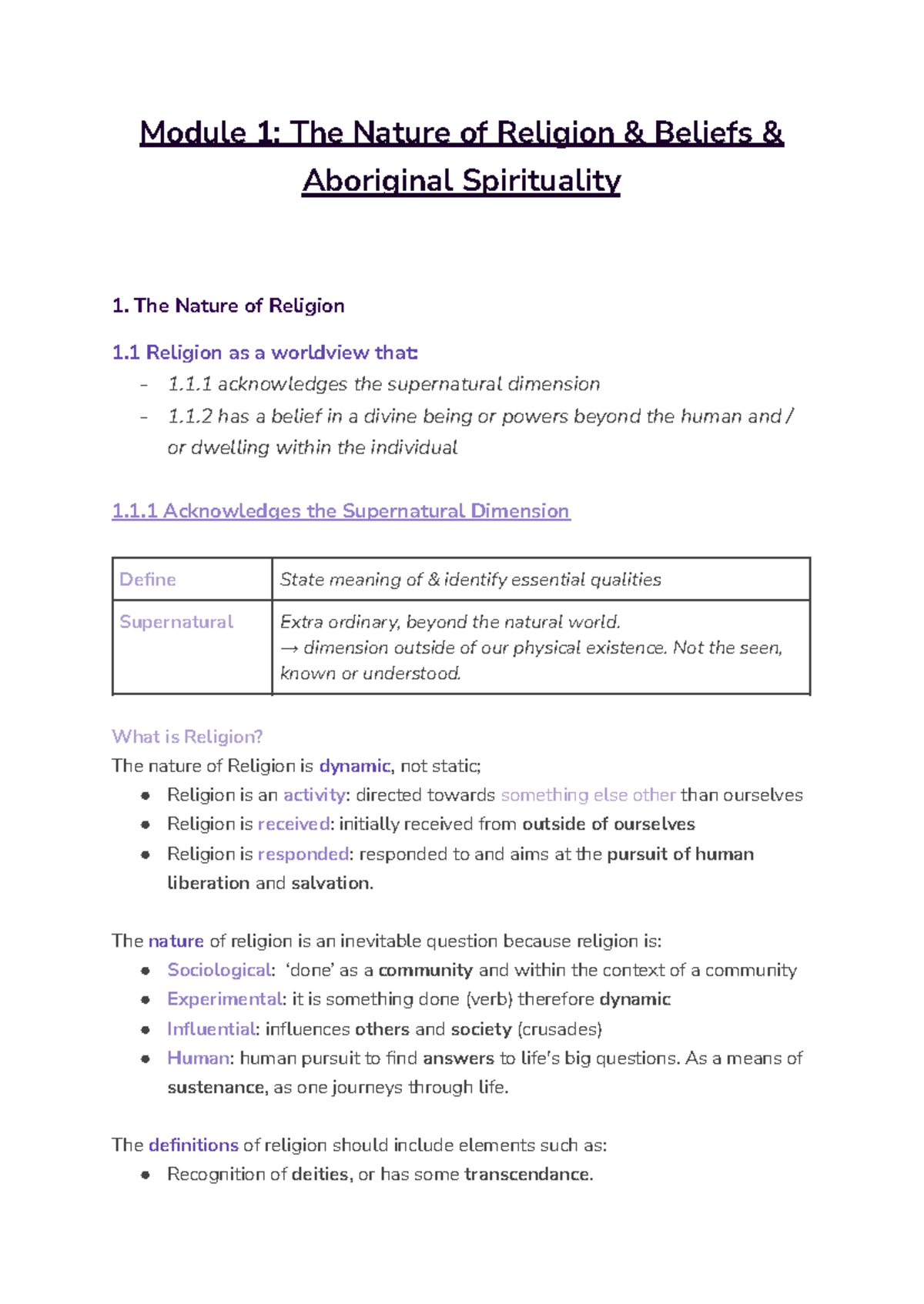SOR II Module 1 The Nature of Religion & Beliefs & Aboriginal ...