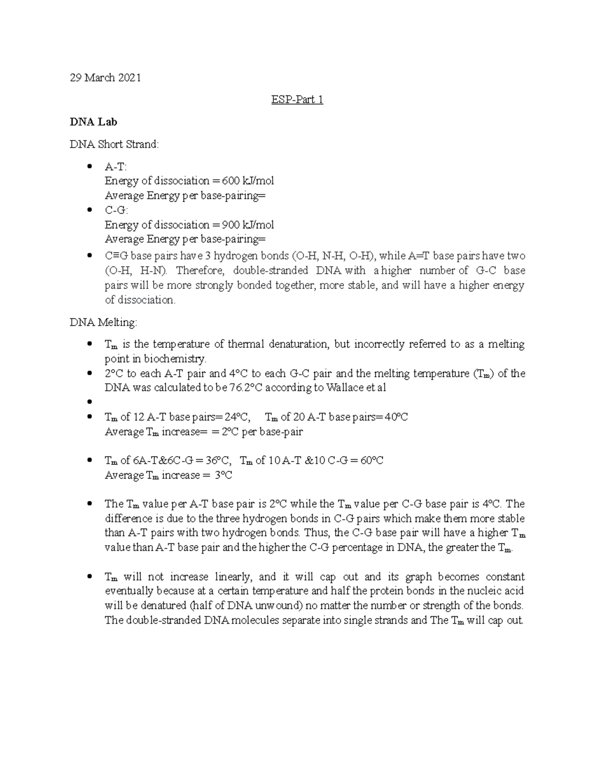 ESP part1 - ESP - 29 March 2021 ESP-Part 1 DNA Lab DNA Short Strand: A ...