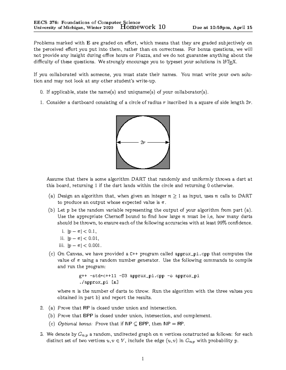 Hw-10 - HW 10 - EECS 376: Foundations of Computer Science University of Michigan, Winter 2020 ...