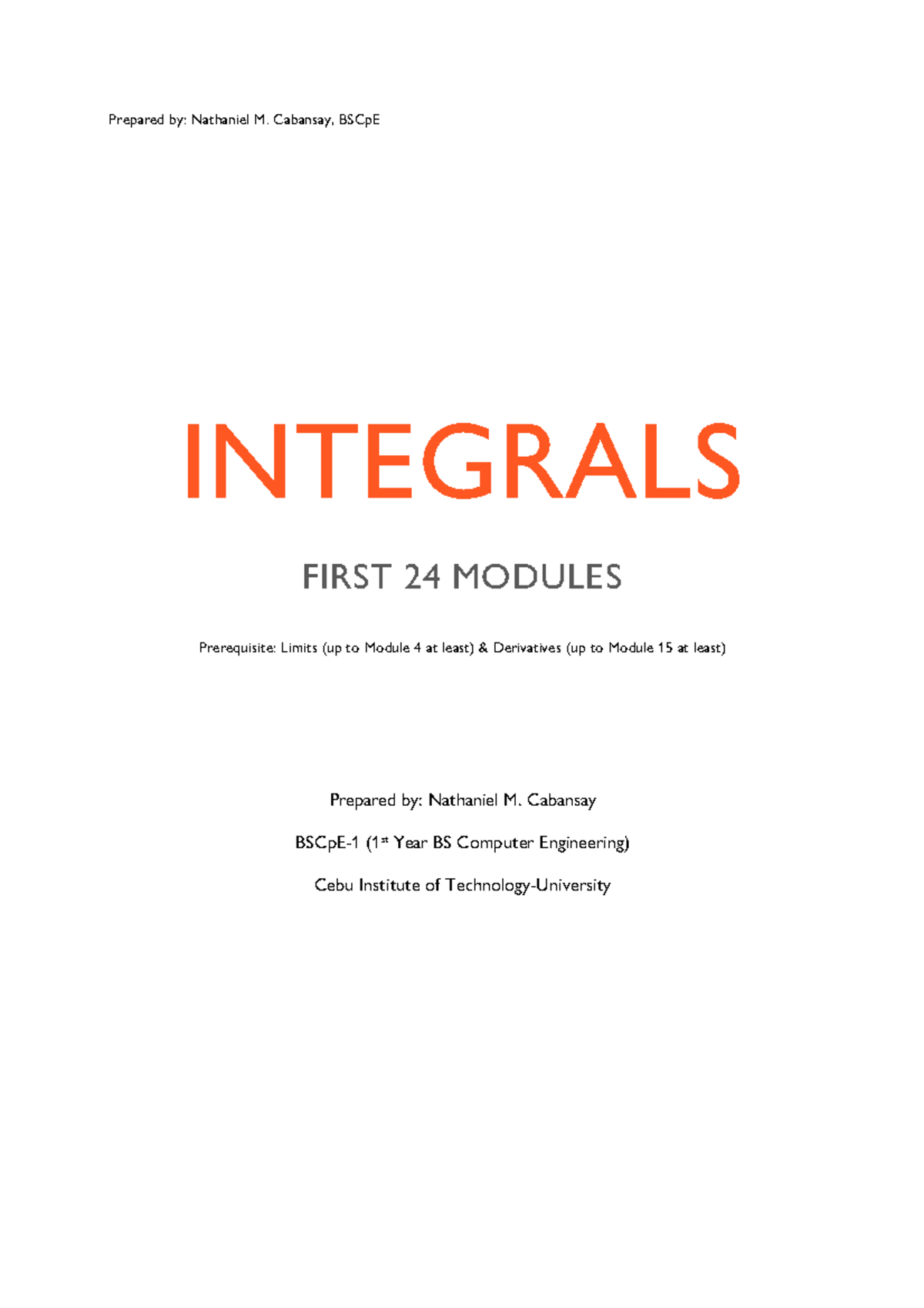 Integrals Until Module 24Only - INTEGRALS FIRST 24 MODULES Prerequisite ...