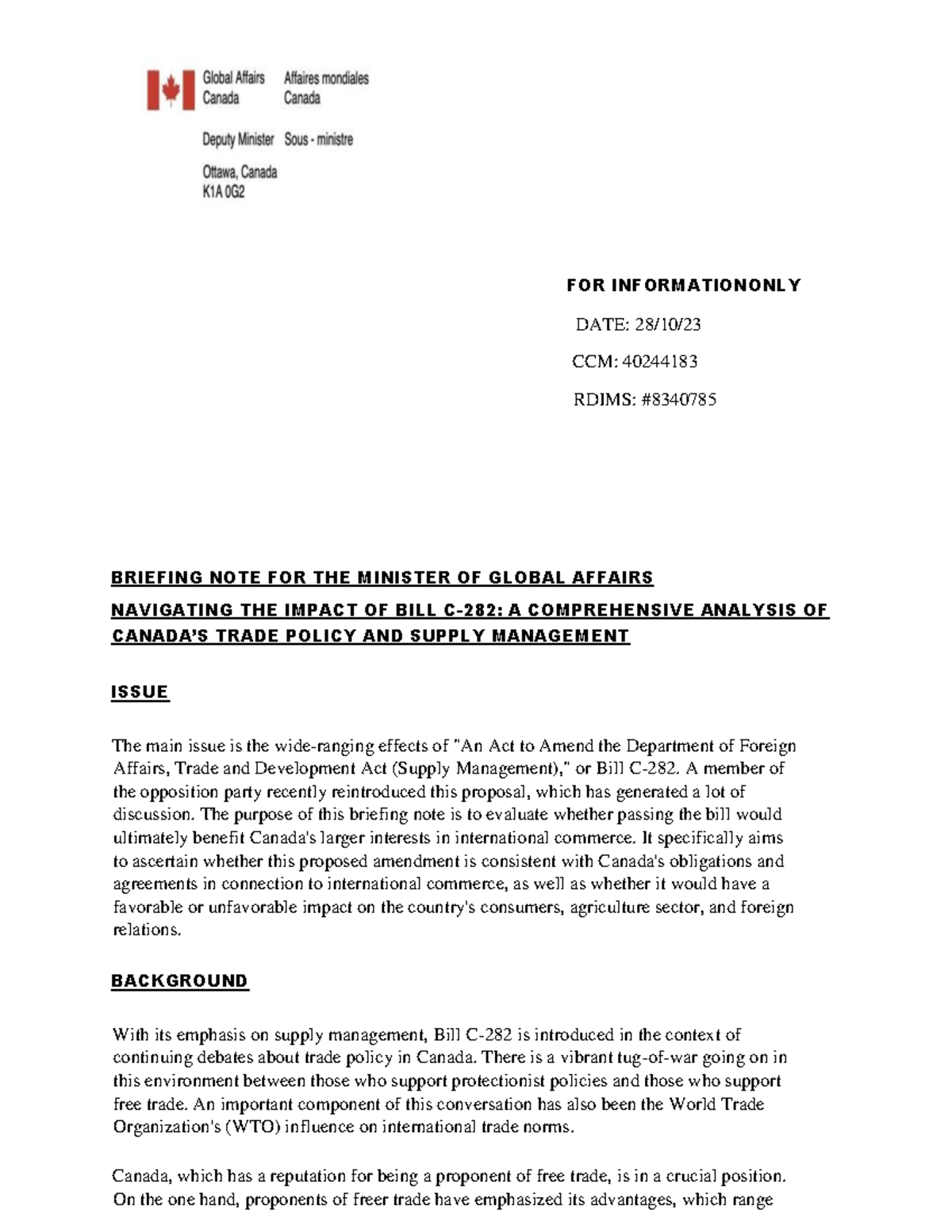 Final FALL Briefing NOTE 2 - FOR INFORMATIONONLY DATE: 28/10/ CCM ...