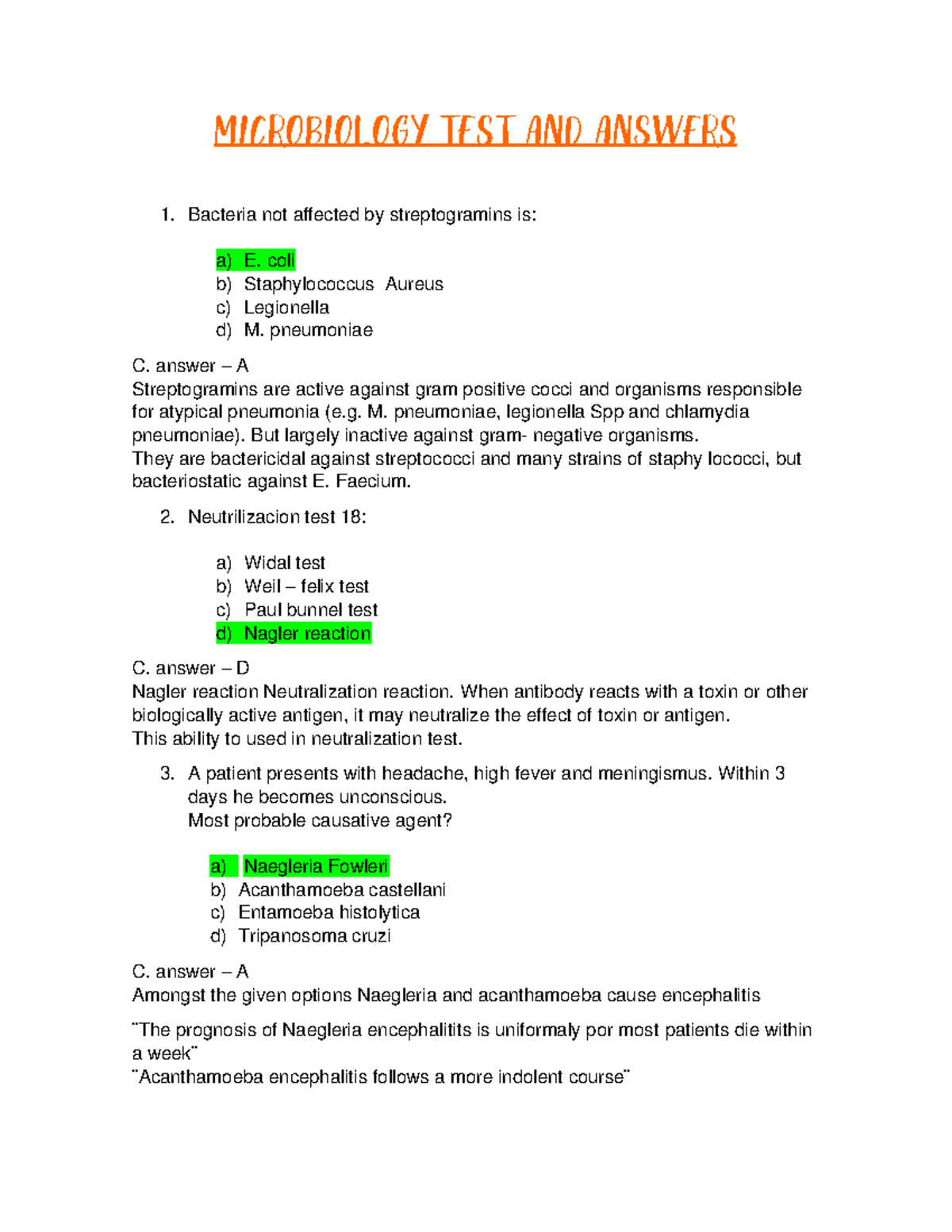 Microbiology TEST AND Answers - Bacteria not affected by streptogramins ...