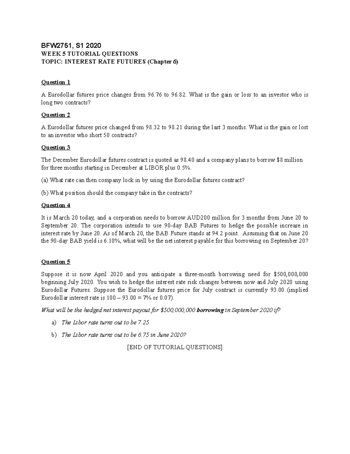 BFW2751 Tutorial WEEK 5 - BFW2751, S1 2020 WEEK 5 TUTORIAL QUESTIONS ...