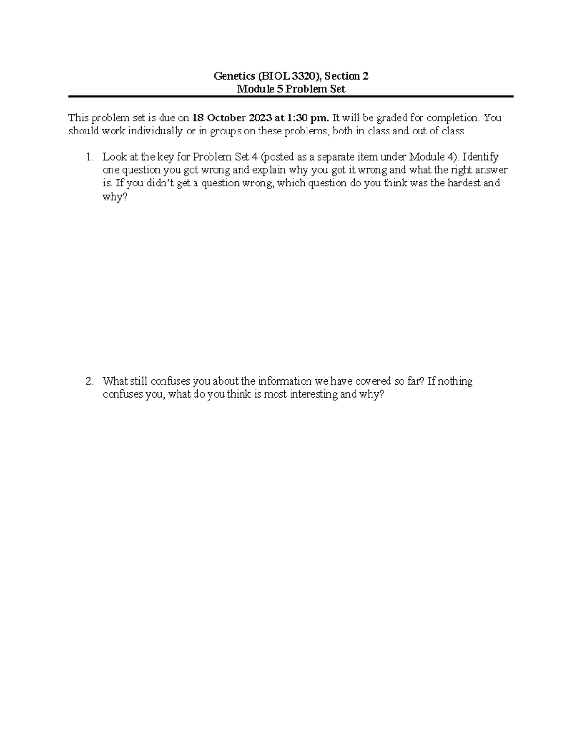 Module 5 Problem Set - Genetics (BIOL 3320), Section 2 Module 5 Problem ...