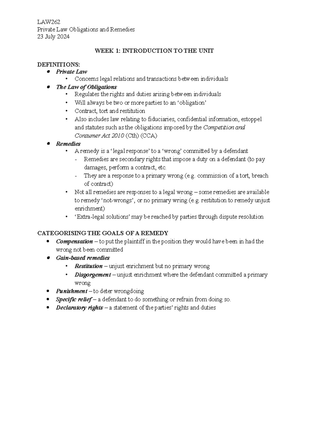 LAW262 Week 1 Lecture - Private Law Obligations and Remedies 23 July 2024 WEEK 1: INTRODUCTION ...