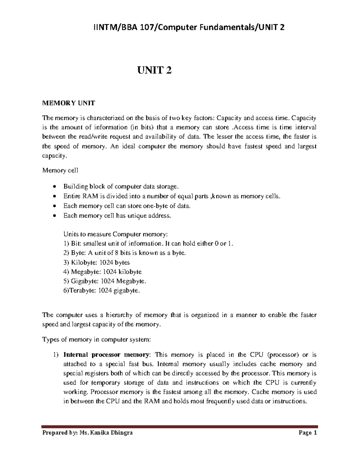 UNIT 2 Final it - Lecture notes 6 - IINTM/BBA 107/Computer Fundamentals ...