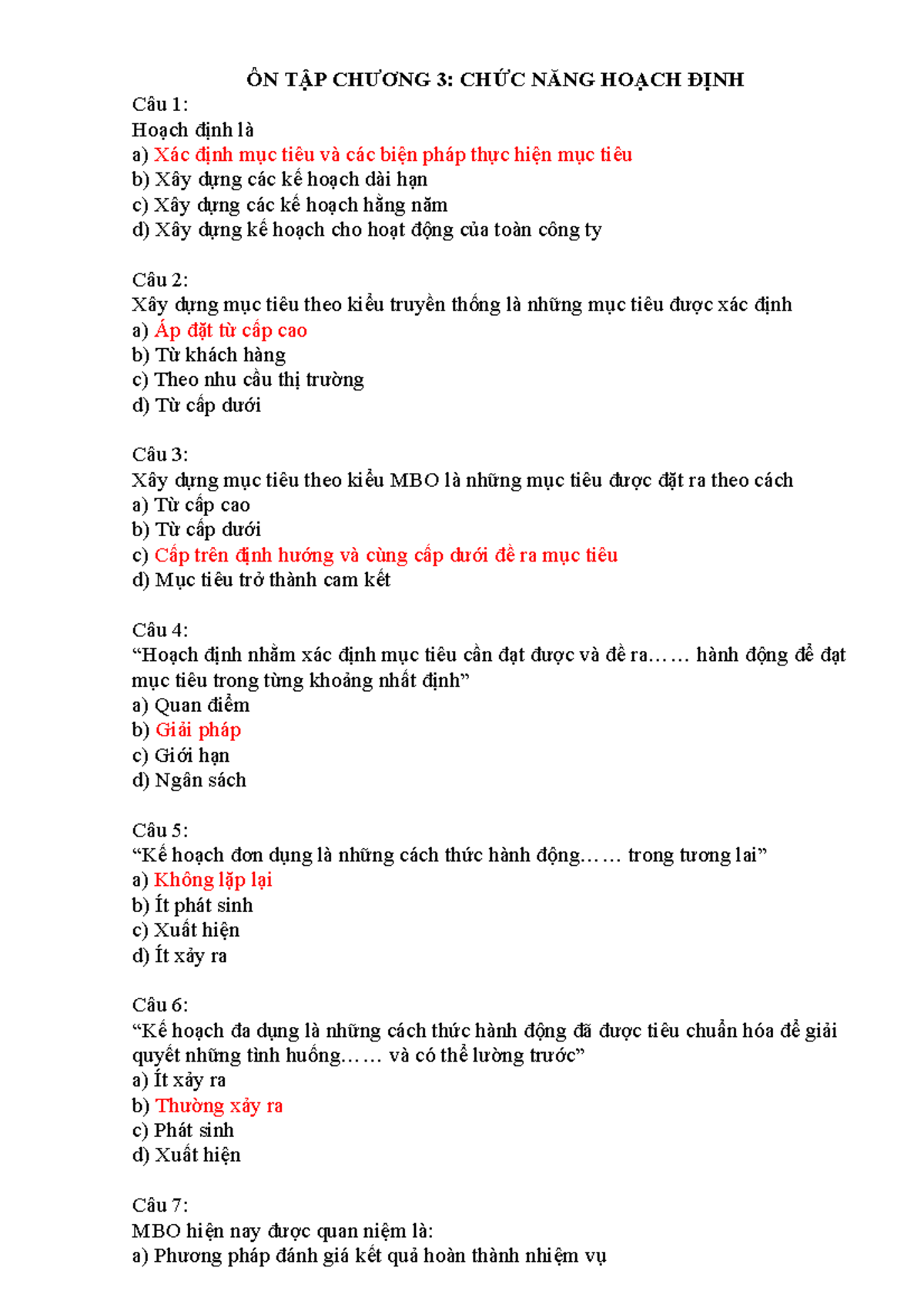 Bản sao On tap Bai 3 Chuc nang Hoach dinh - ÔN TẬP CHƯƠNG 3: CHỨC NĂNG HOẠCH ĐỊNH Câu 1: Hoạch ...
