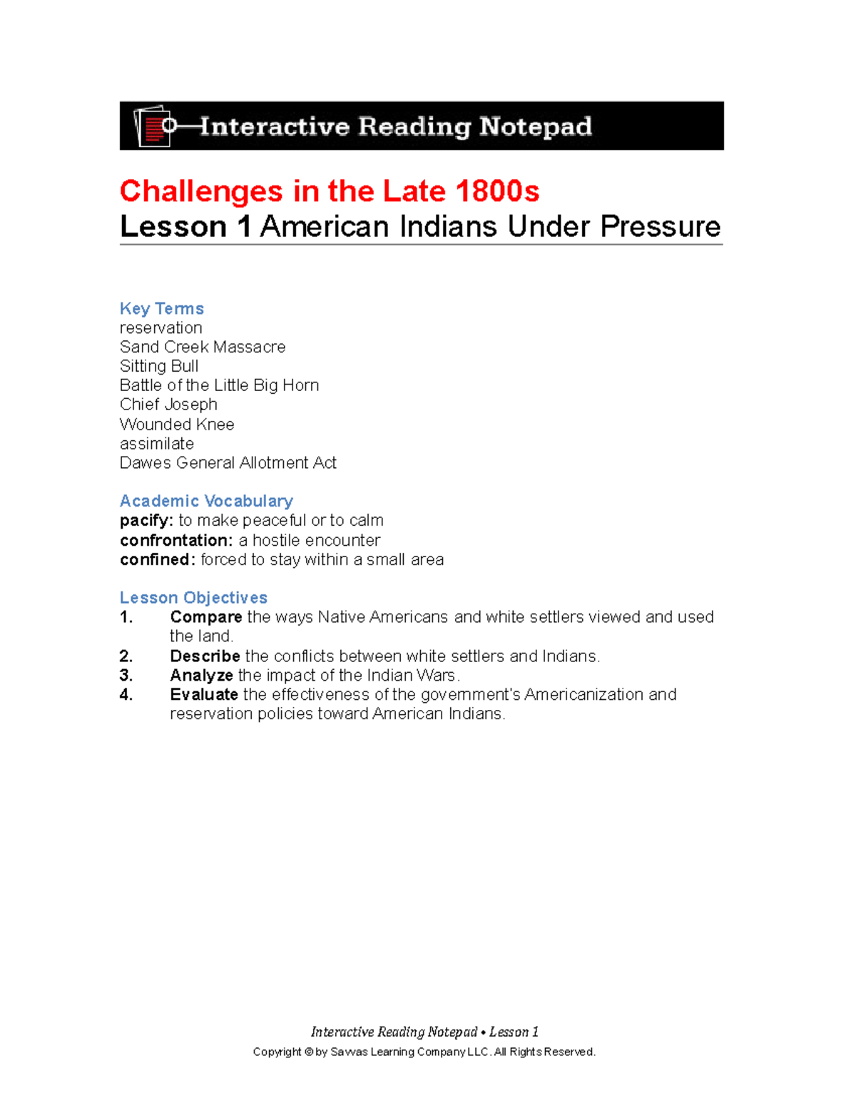 Ssush 12 Indians Under Pressure Interactive Reading Note - Challenges ...