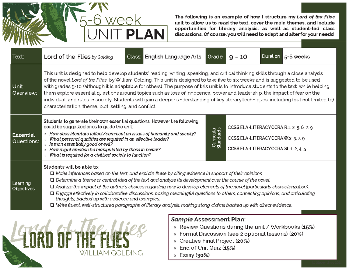 3 Unit Plan Pacing Schedule - UNIT PLAN 5-6 week5-6 week Text: Lord of ...