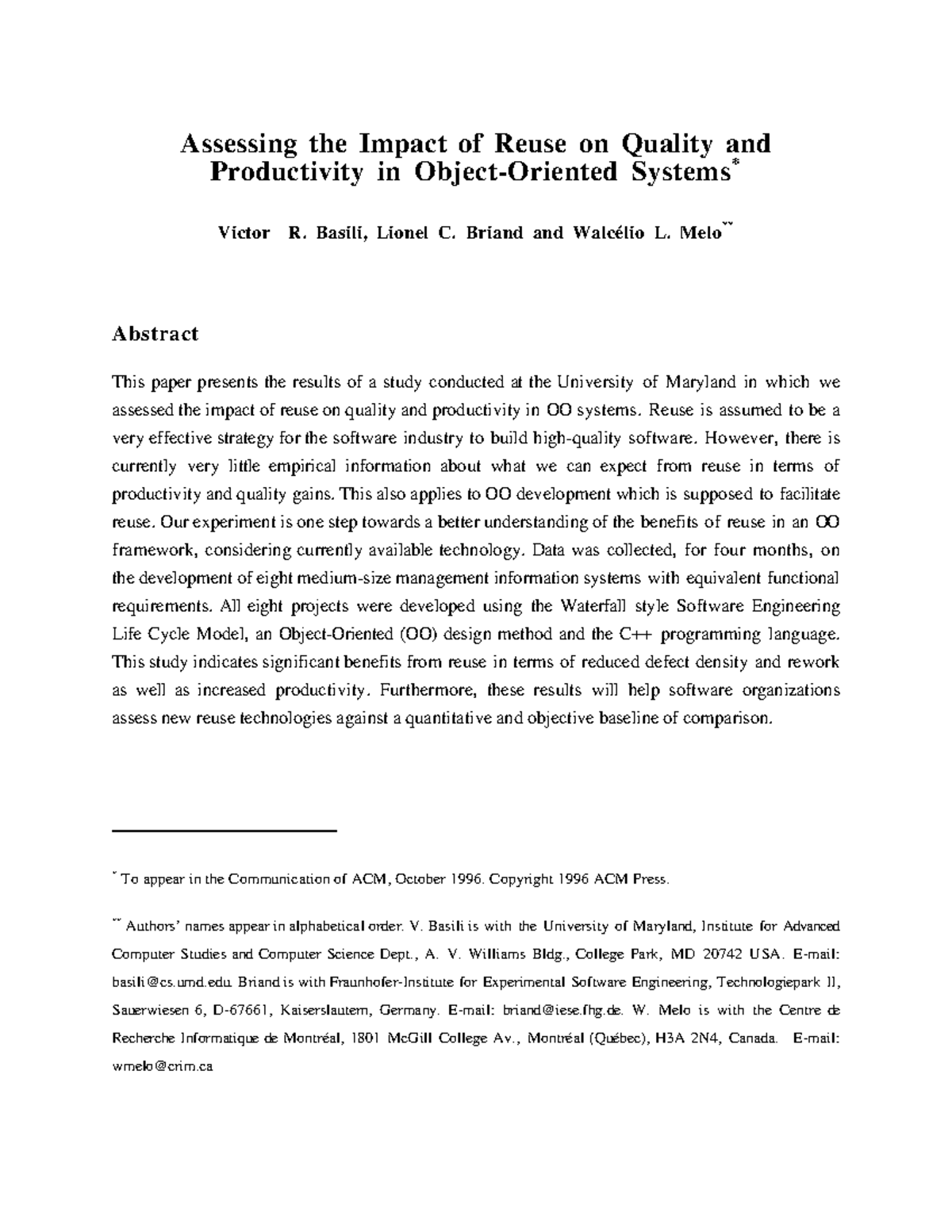 Assessing the Impact of Reuse on Quality and Productivity in Object-Oriented Systems ( PDFDrive ...