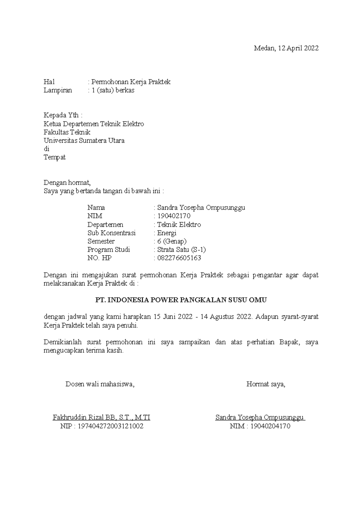 Surat KP Dosen PA - fbzdfghtgza - Medan, 12 April 2022 Hal : Permohonan ...