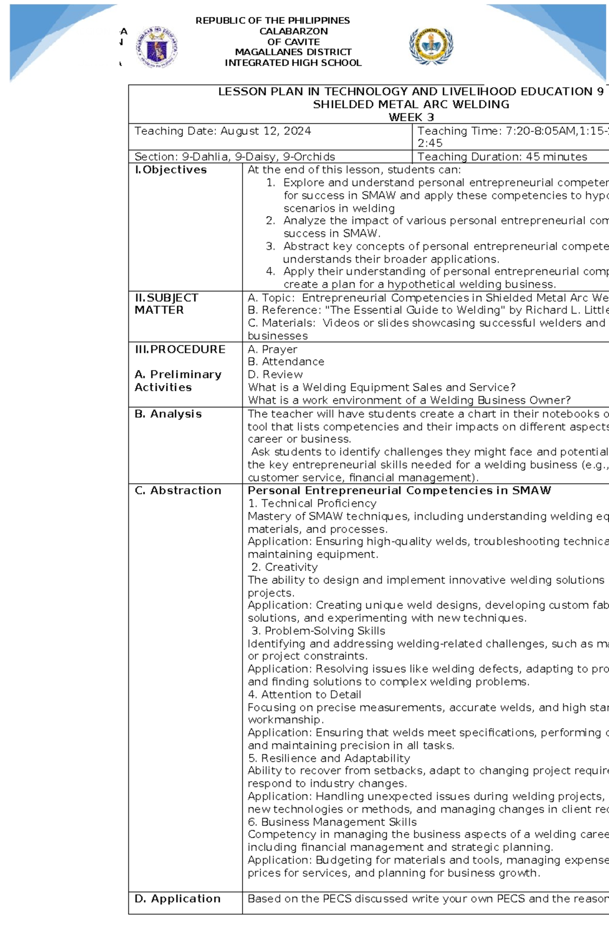 Aug.12 Monday - SMAW Lesson plan Grade 9 week 3 - REPUBLIC OF THE ...