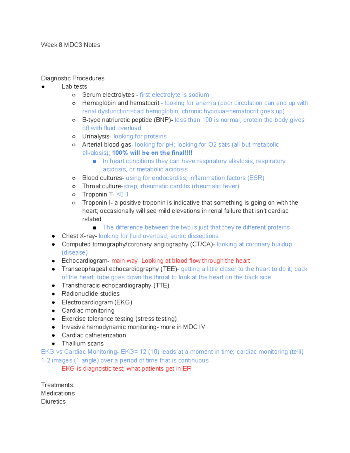 MDC3 Week 8 Notes - Week 8 MDC3 Notes Diagnostic Procedures Lab tests ...