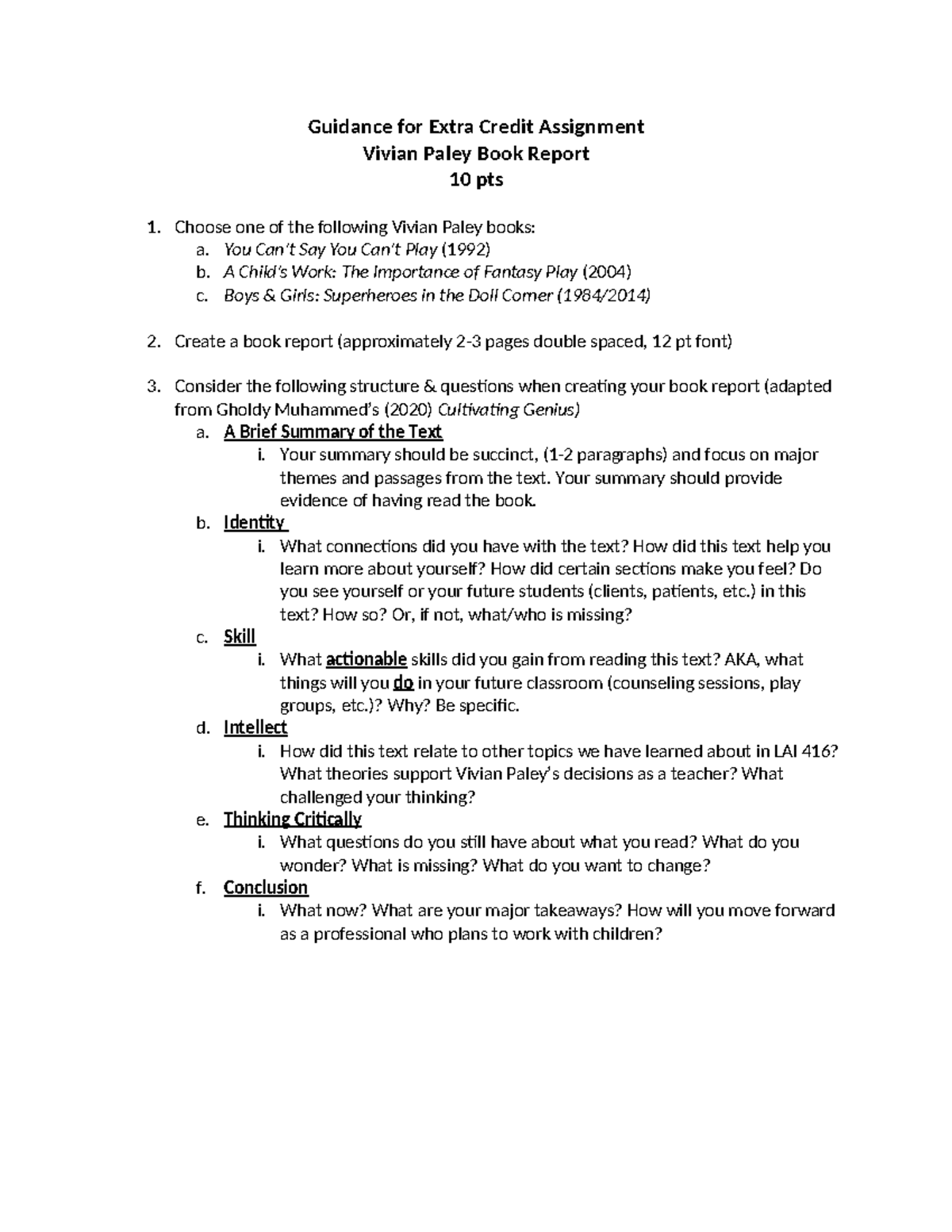Guidance for Extra Credit Assignment- Vivian Paley - Choose one of the ...