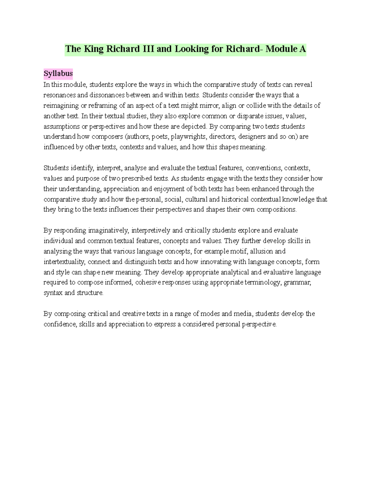 Mod A english notes - The King Richard III and Looking for Richard ...