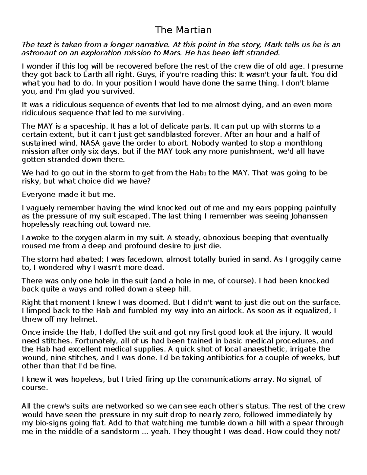 The Martian - Journal Entry Question - The Martian The text is taken ...