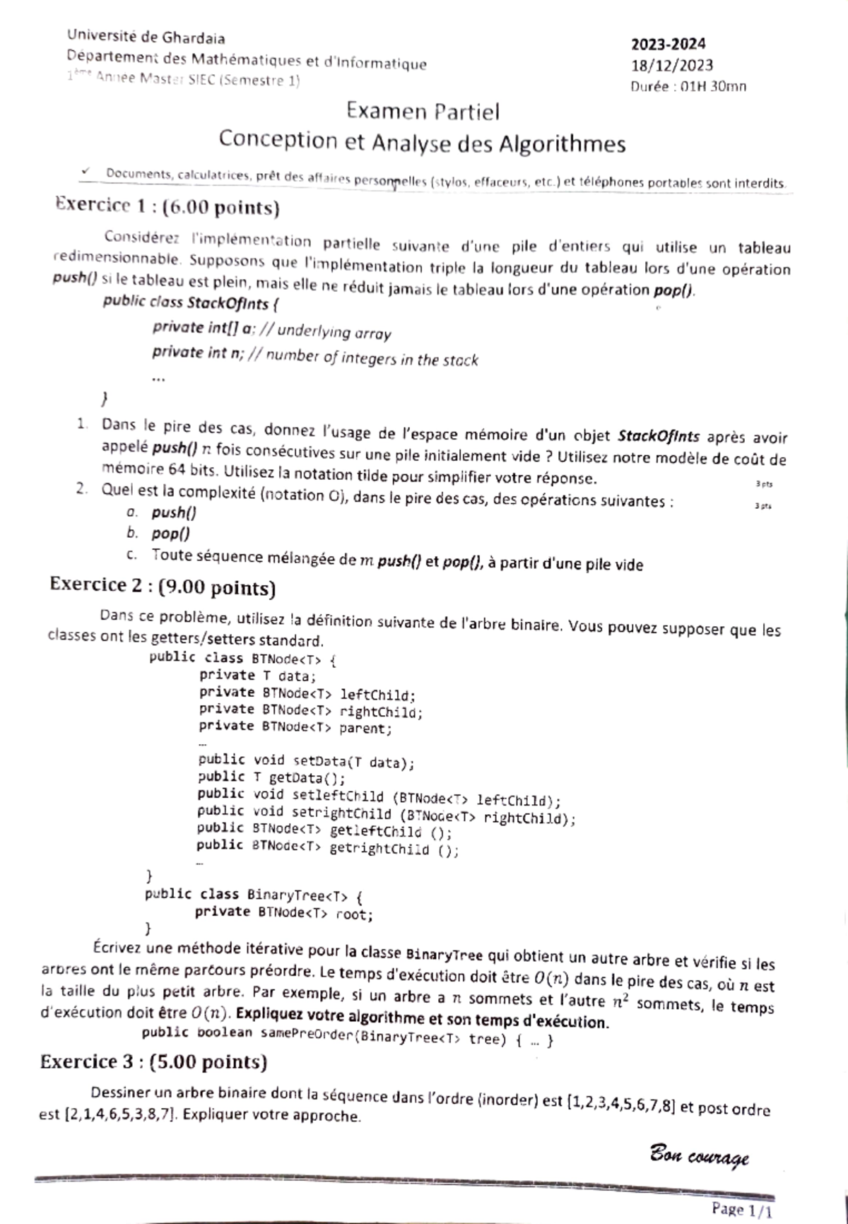 Conception et analyse des algorithmes - Université de Ghardaia Département des Mathématiques et ...