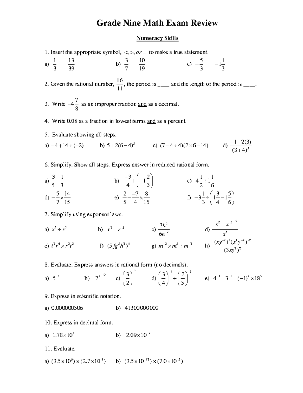 Final Grade 9 Academic Exam Review - Grade Nine Math Exam Review ...