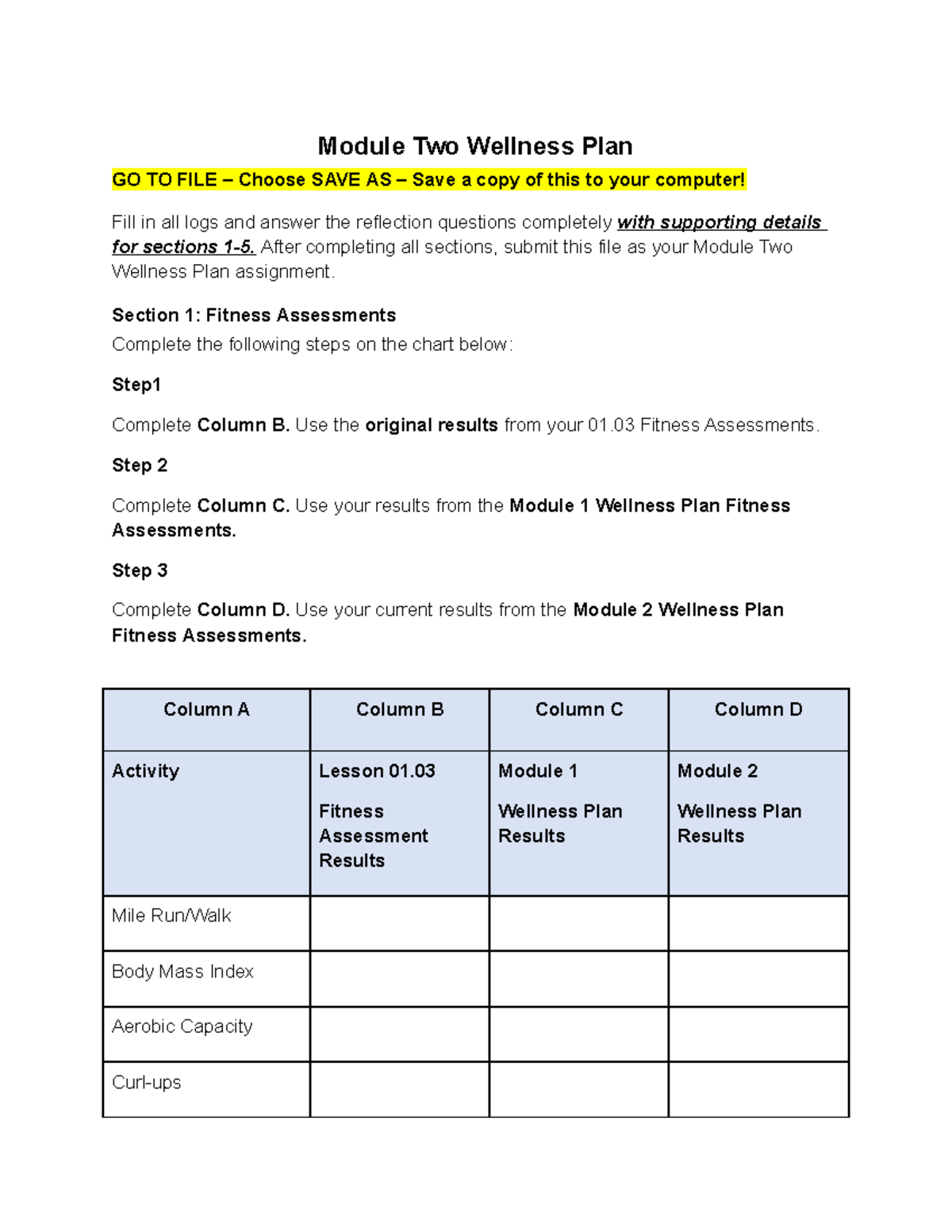 Module two wellness plan - Module Two Wellness Plan GO TO FILE – Choose ...