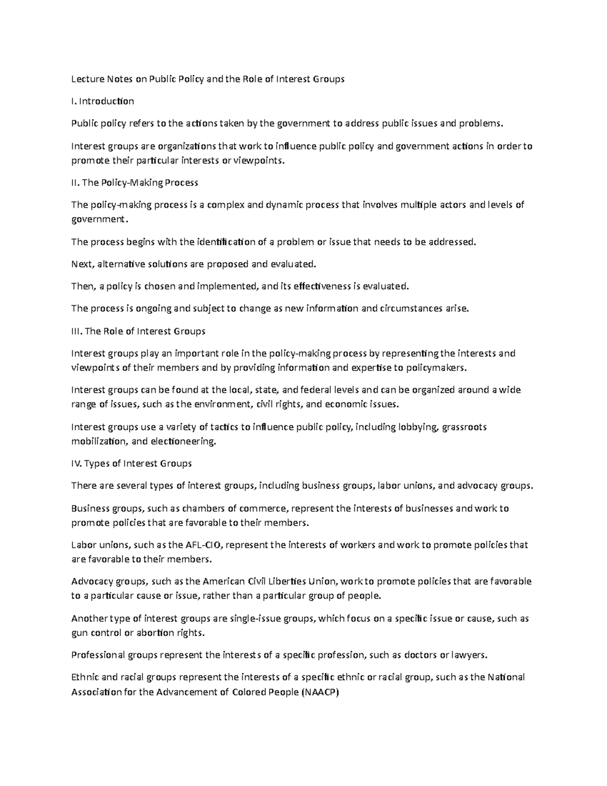 Public Policy and Interest Groups - Lecture Notes on Public Policy and ...