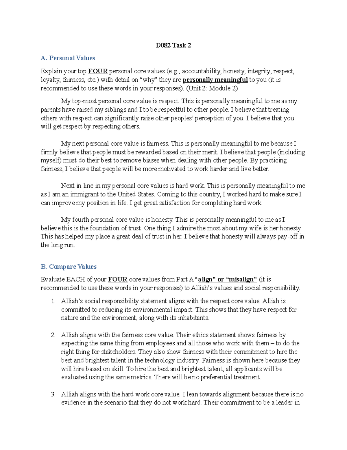 D082 Task 2 - PA task - D082 Task 2 A. Personal Values Explain your top FOUR personal core ...