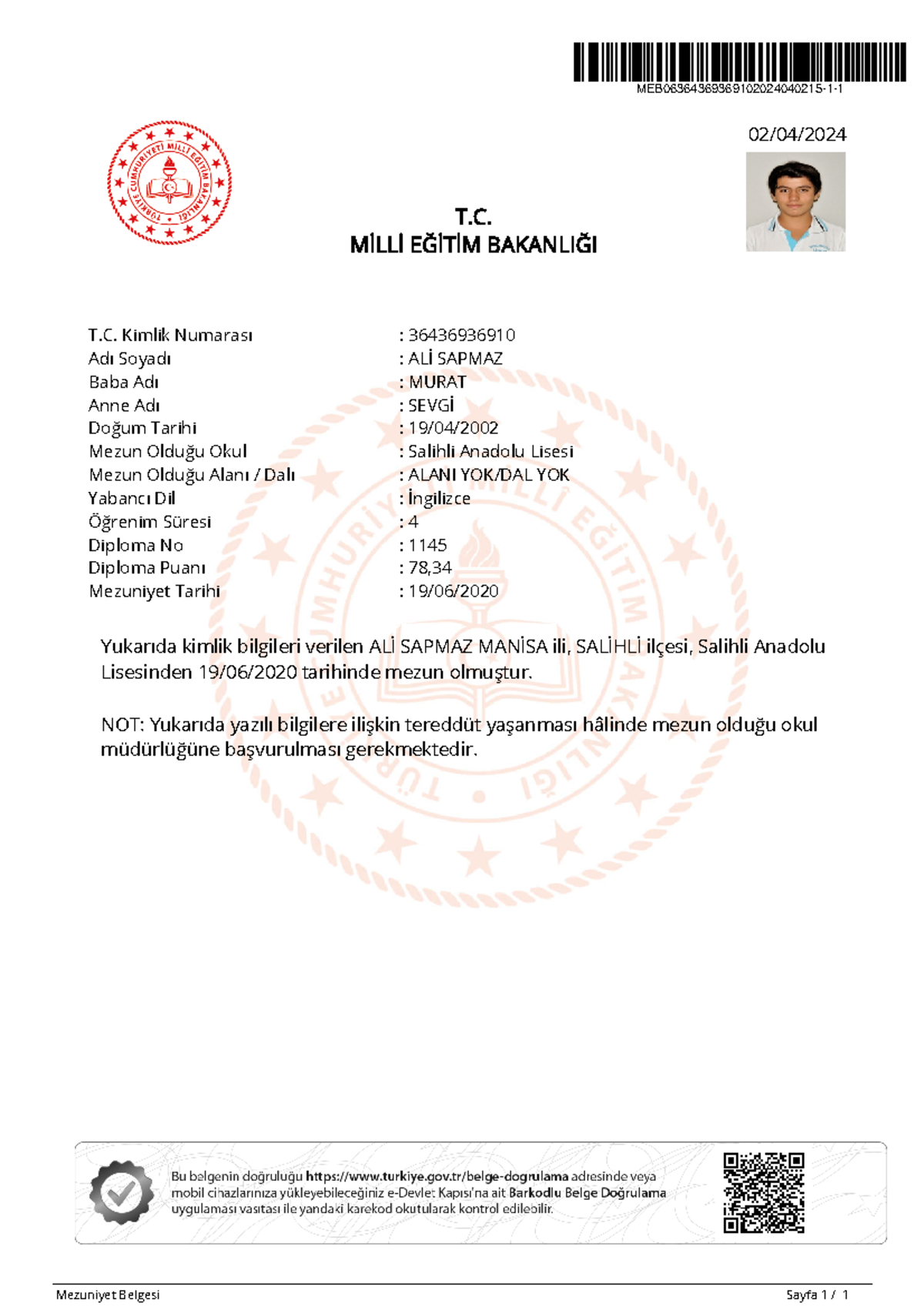 Lise mezuniyet belgesi - MEB06364369369102024040215-1- 02/04/ T. MİLLİ ...