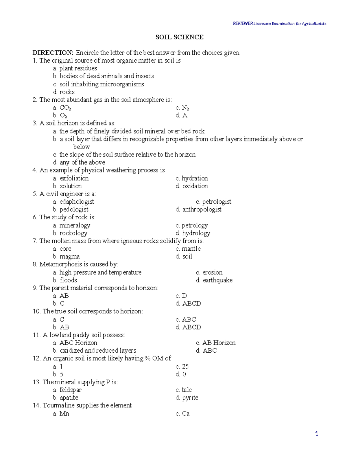 Questionnaire With Answers - SOIL SCIENCE DIRECTION: Encircle the ...