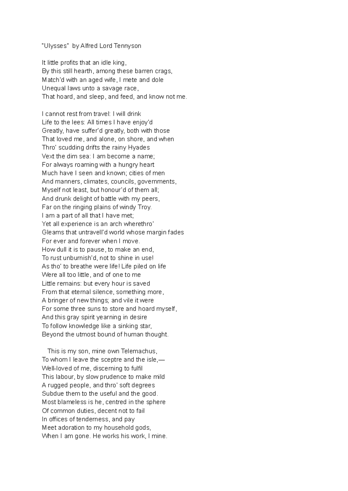 Poems - “Ulysses” by Alfred Lord Tennyson It little profits that an ...