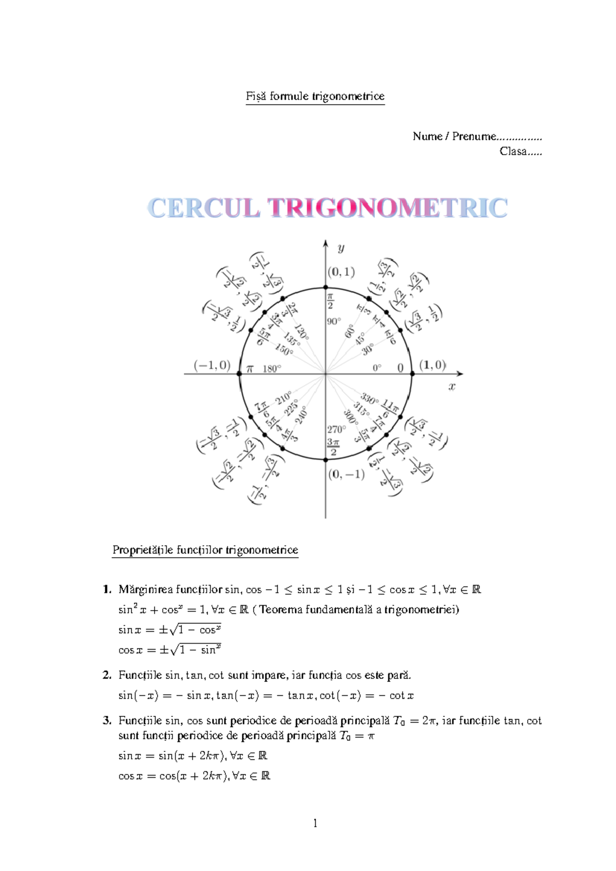 Fisa formule trigonometrice - .............. Clasa..... Propriet ̆at ...