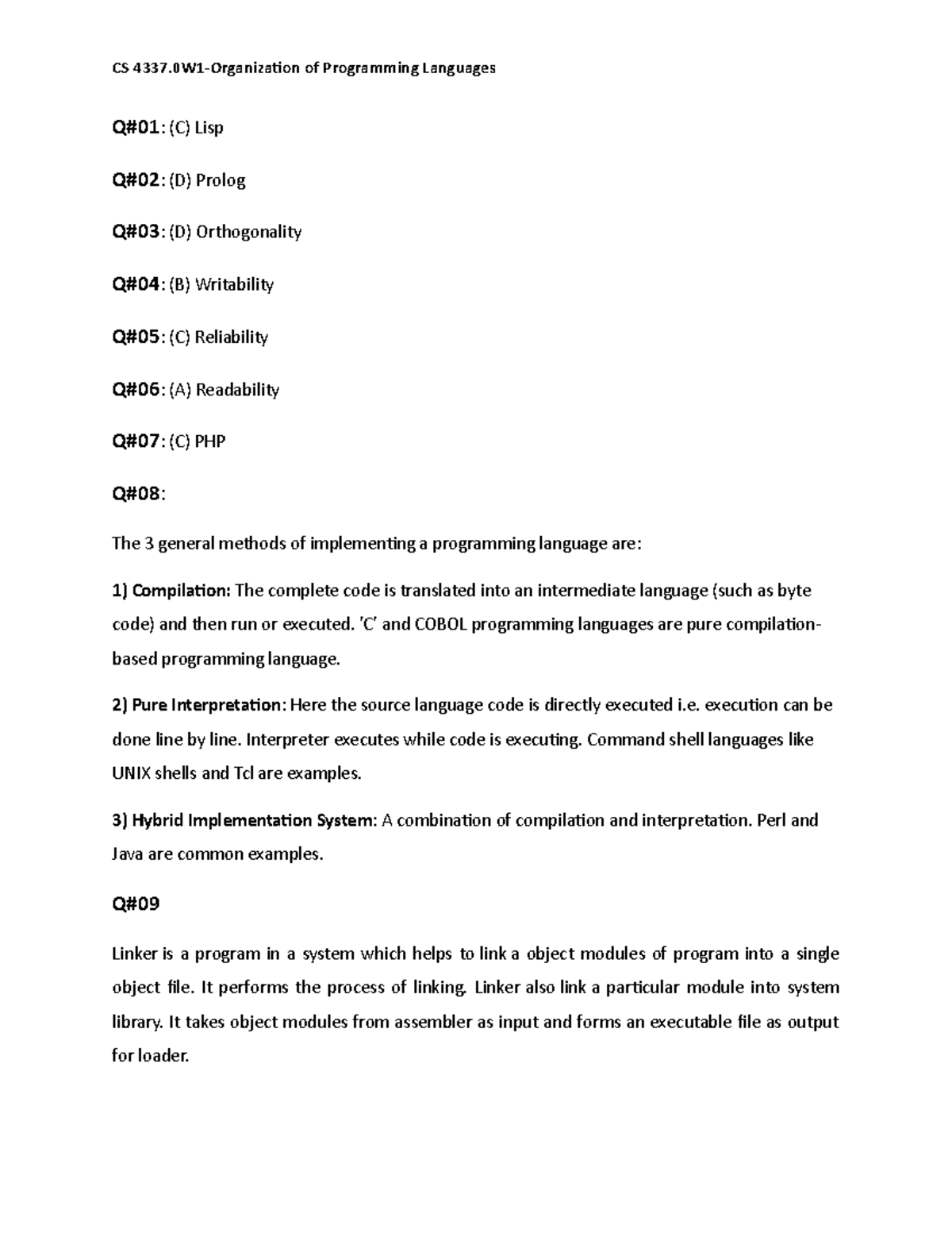 Quiz1 - This is an assignment of HU 101 - CS 4337-Organization of Programming Languages Q#01: (C ...