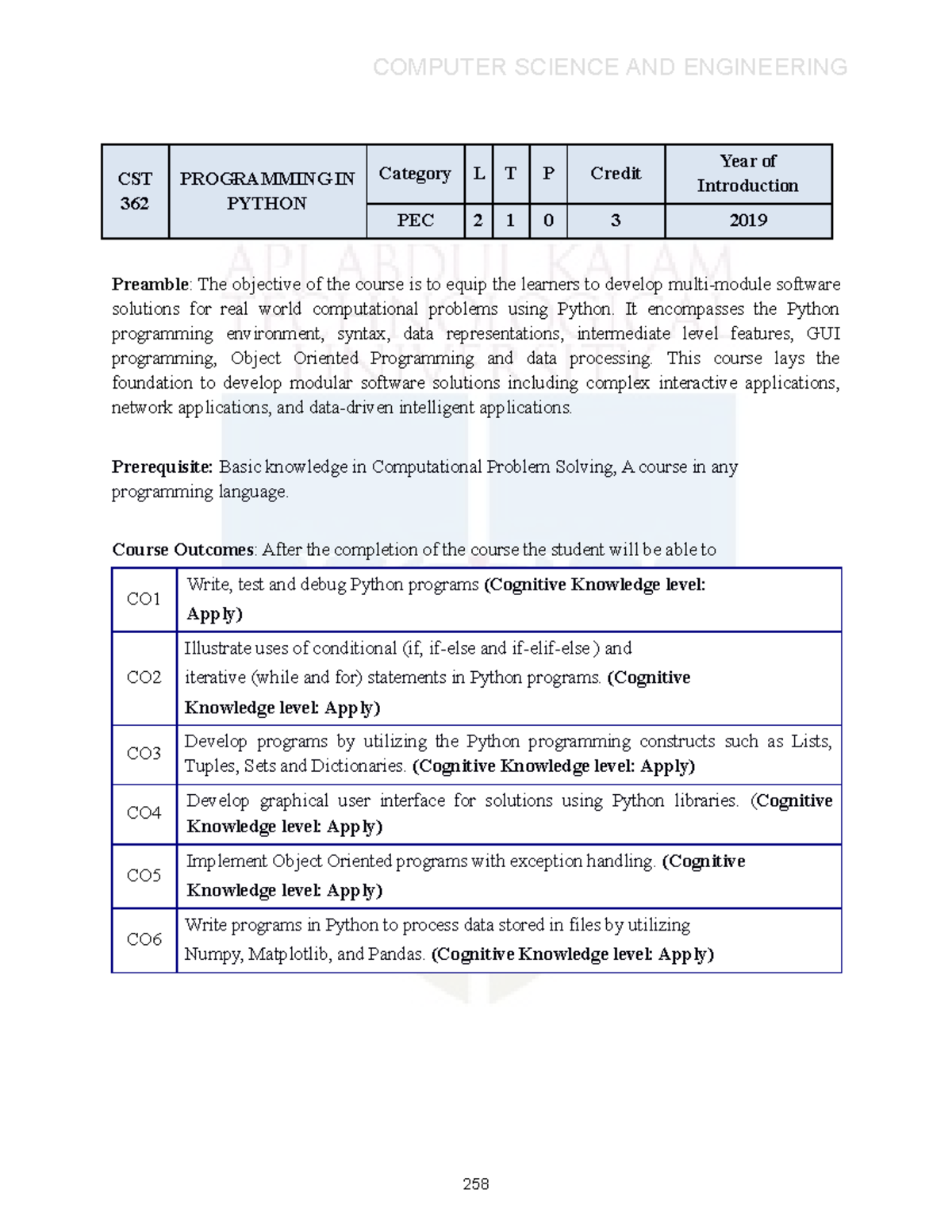 CST362 - KQB Ktu Qbank - Syllabus - CST 362 PROGRAMMING IN PYTHON Category L T P Credit Year of ...