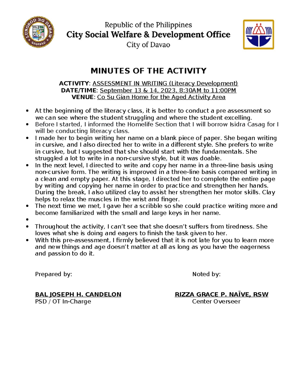Literacy #1 - MINUTES OF THE ACTIVITY ACTIVITY: ASSESSMENT IN WRITING ...