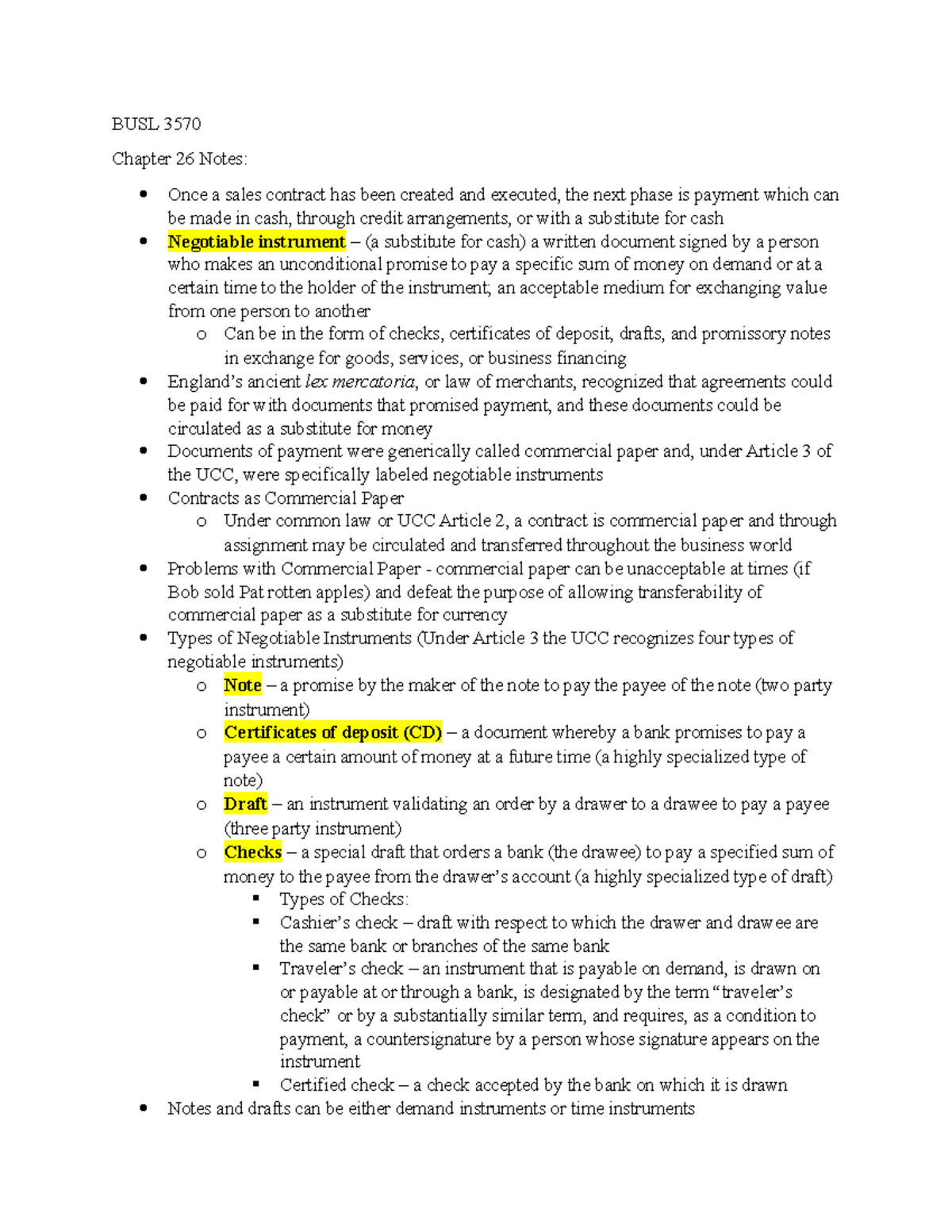 Chapter 26 Notes - BUSL 3570 Chapter 26 Notes: Once a sales contract ...